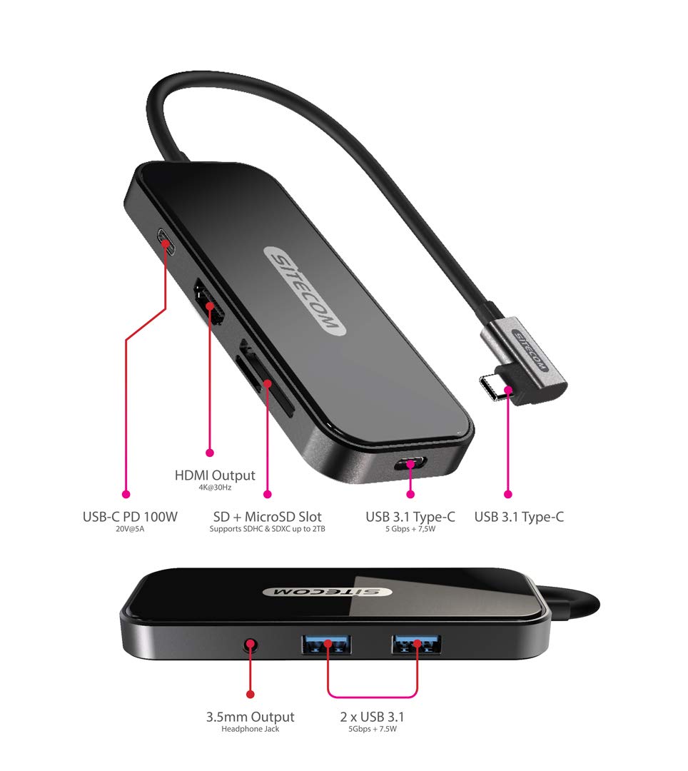 Sitecom CN-393 USB-C Multiport Adapter | USB-C to 1x HDMI + 2X USB 3.1 + 1x USB-C - with USB-C Power Delivery 100W