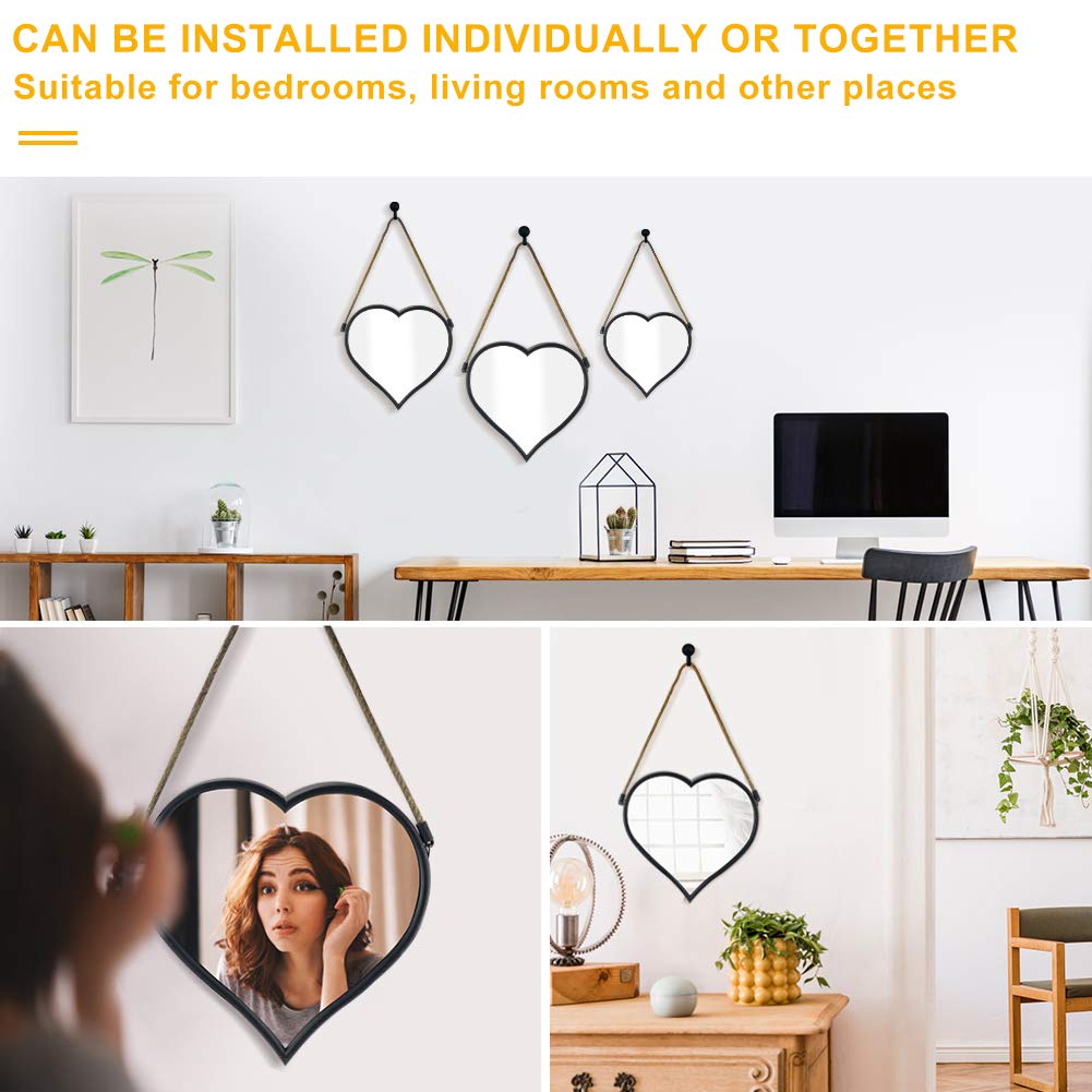 Urban Deco 3 Pieces Heart Shaped Mirror for Wall, Hanging Black Glass Mirror Sets Decoration for Bedroom Living Room Bathroom