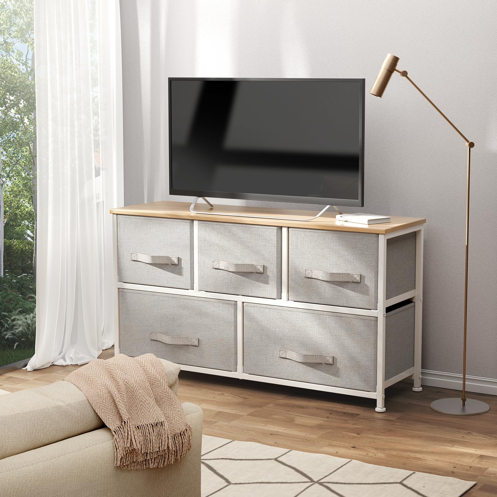 Pipishell Fabric Dresser, Dresser for Bedroom with 5 Drawers, Wide Dresser Storage Tower Organizer Unit with Wood Top and Easy Pull Handle for Closets, Living Room, Nursery Room, Hallway(Light Grey)