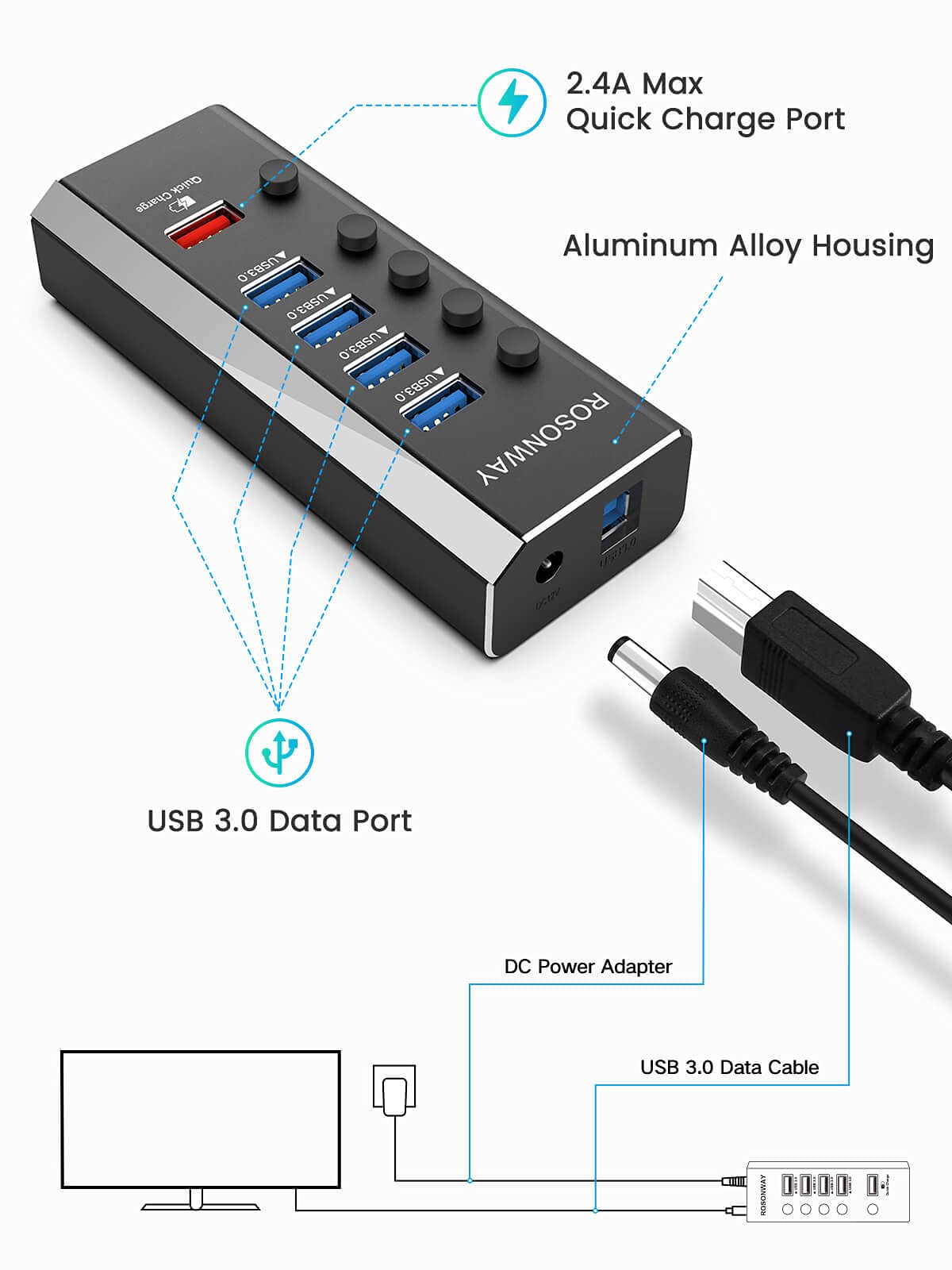 Powered USB Hub Rosonway Aluminum 5 Port USB Hub Expander with 4 USB 3.0 Data Ports and 1 Fast Charging Port, USB Hub 3.0 Splitter with 24W(12V/2A) Power Adapter and Individual Switches (RSH-A35)