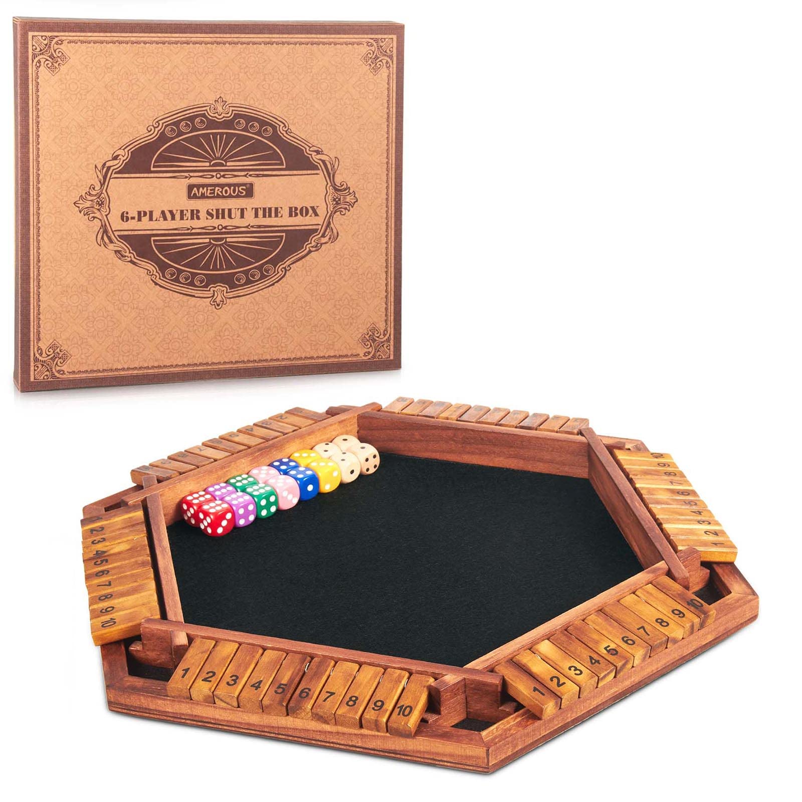 AMEROUS Upgraded 1-6 Players Shut The Box Dice Game, Wooden Board Table Math Game with 16 Dice for Kids Adults, Family Classroom Home Party or Pub