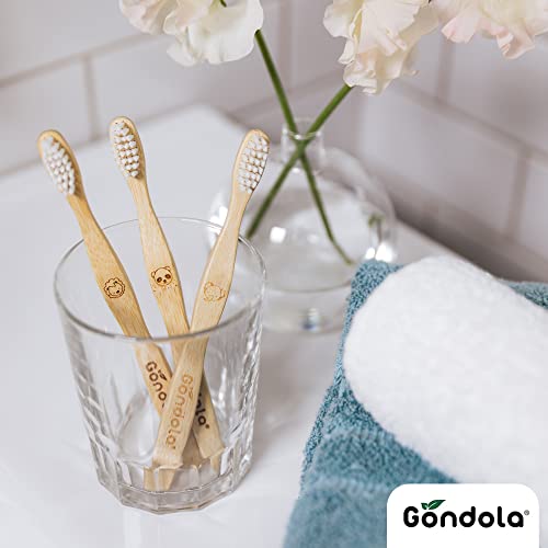 Gondola Kids Bamboo Toothbrushes Soft Bristles β Vegan Organic Eco Friendly Tooth Brush for Kids with Fun Animals Designs & Lightweight, Smooth Bamboo Handles β Zero Waste Packaging β 4 Pack