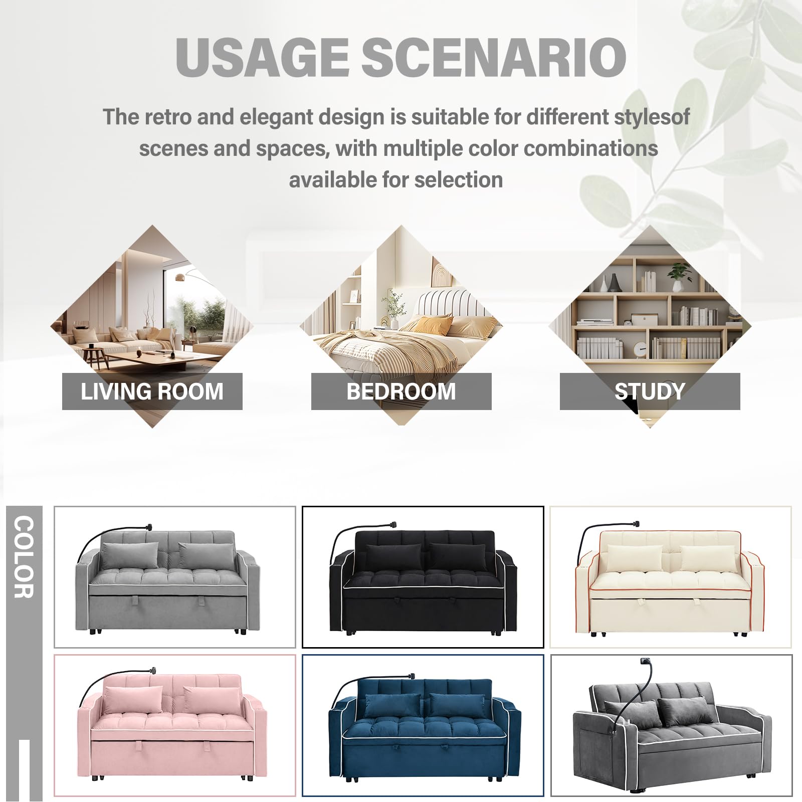 3 in 1 Sleeper Sofa Couch Bed,Velvet Convertible Loveseat Sleeper Sofa Bed,Pull Out Sofa Bed With USB Port & Ashtray and Swivel Phone Stand & Storage Pockets,Modern Sleeper Sofa for Living Room,Gray