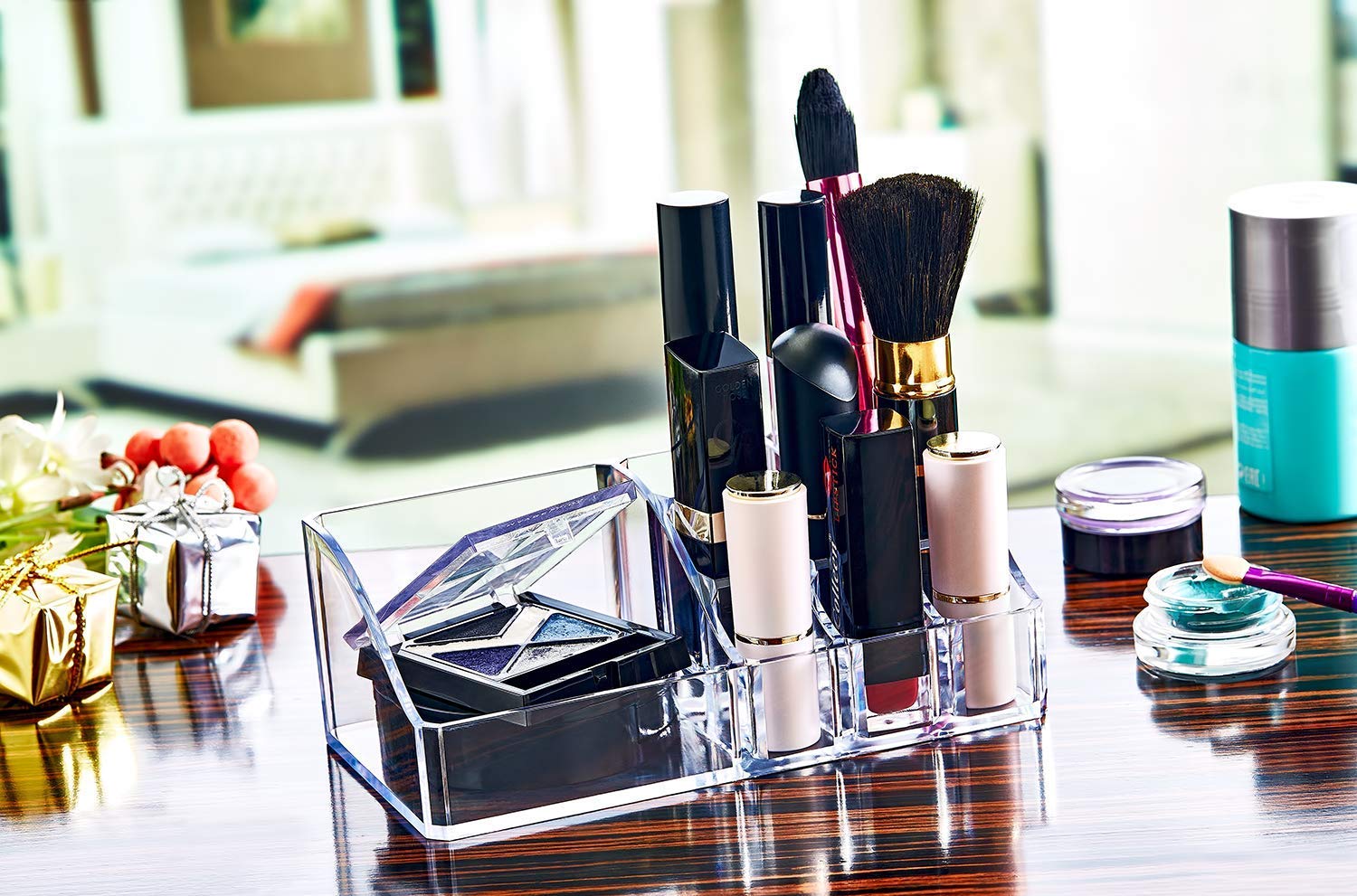 ums Makeup & Jewelry Organizer - Clear Makeup Organizer and Storage for Vanity, Acrylic Makeup Holder for Countertop with 9-Compartment, Small Cosmetic Tray for Brush and Lipstick