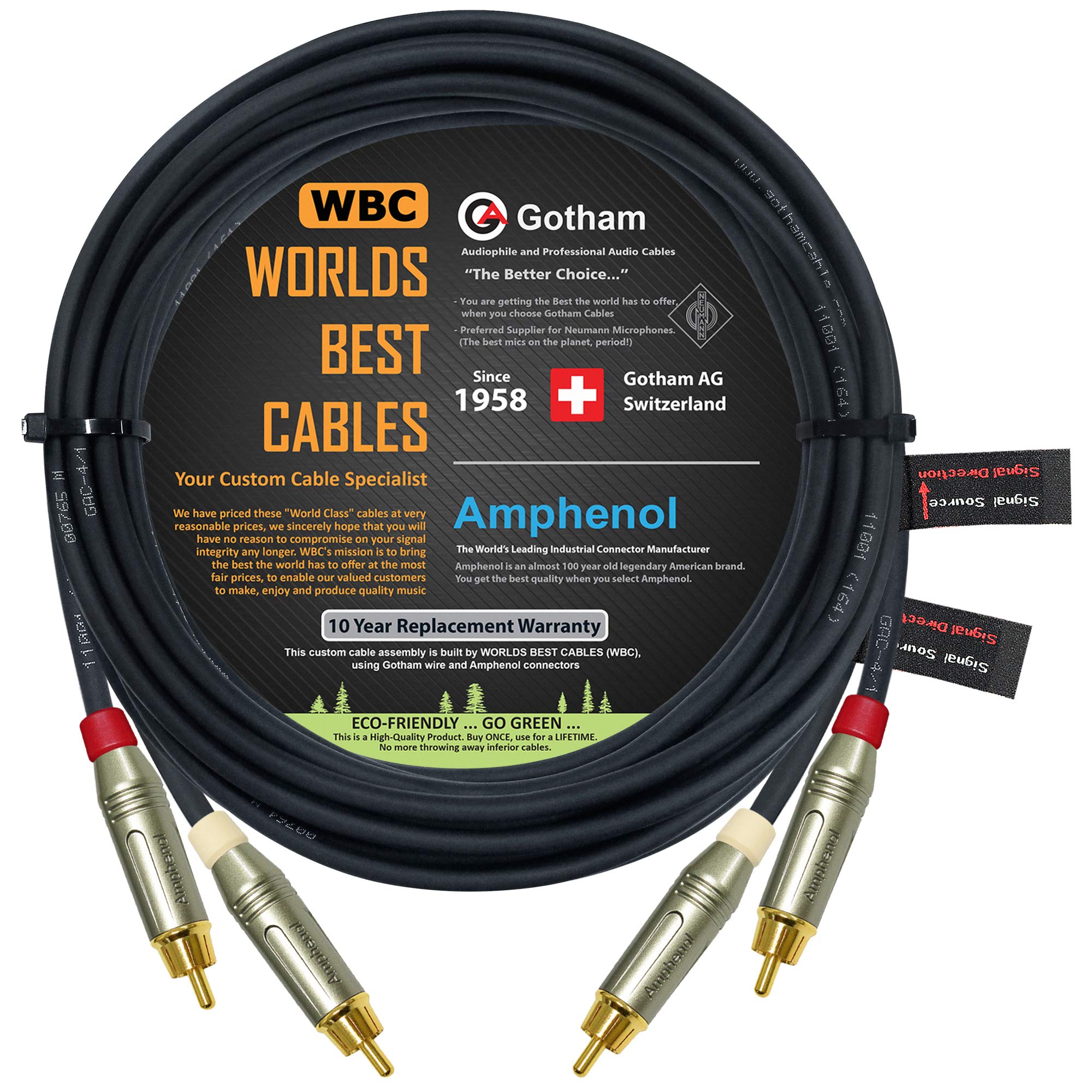 30 Foot RCA Cable Pair - Gotham GAC-4/1 (Black) Star-Quad Audio Interconnect Cable with Amphenol ACPR Die-Cast, Gold Plated RCA Connectors - Directional