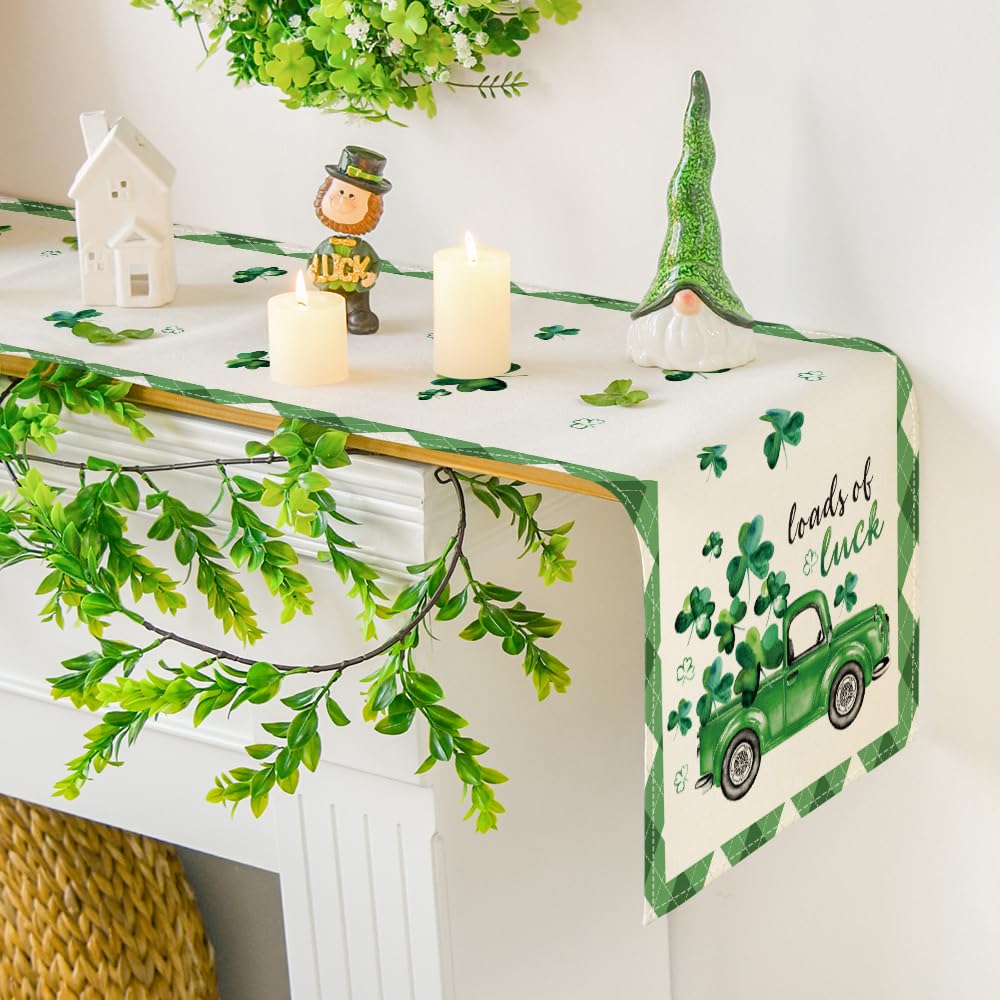 Artoid Mode Buffalo Plaid Edge Shamrock Loads of Luck St. Patrick's Day Table Runner, Seasonal Spring Holiday Kitchen Dining Table Decoration for Indoor Outdoor Home Party Decor 13 x 72 Inch