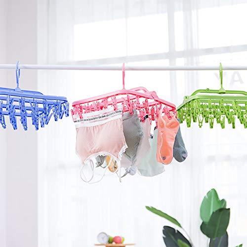 HAPY SHOP Foldable Laundry Hanger Drying Rack,Plastic Laundry Clip with 32 Clips,Clip Hanger Drip Drying Hanger Underwear Hanger with Clips for Socks, Bras, Lingerie, Clothes,Towel,Scarf,Blue