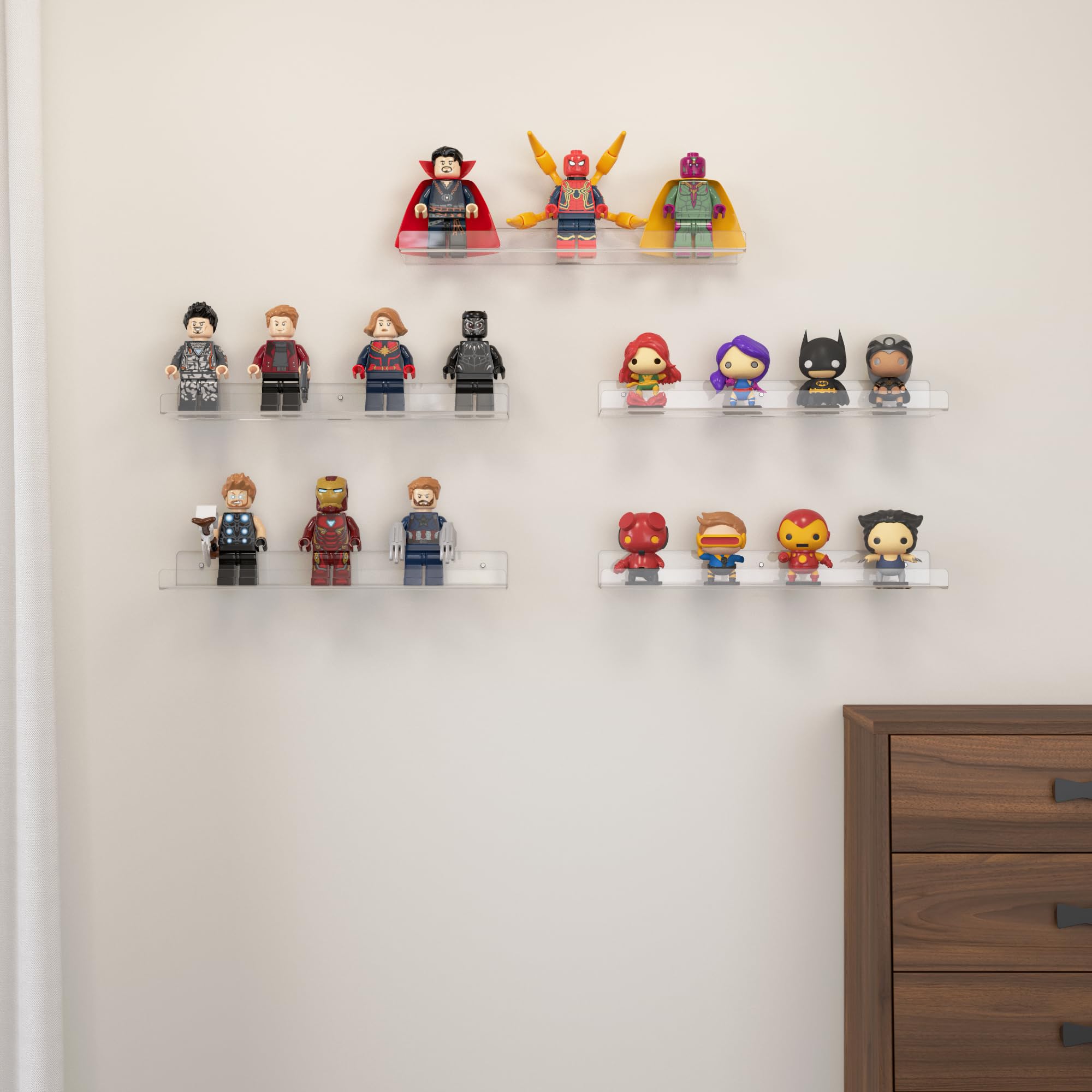 DOLLFIO Clear Acrylic Shelves for Funko Pop, 5 Set Floating Shelves for Wall Decor, Acrylic Wall Bookshelves for Bathroom, Small Storage Shelves