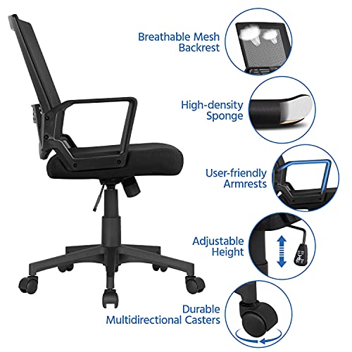 Yaheetech Office Desk Chair Mesh Computer Chair Rolling Executive Chair Mid Back Adjustable Desktop Chair with Lumbar Support Swivel Task Chair for Women Adults and Students, Black