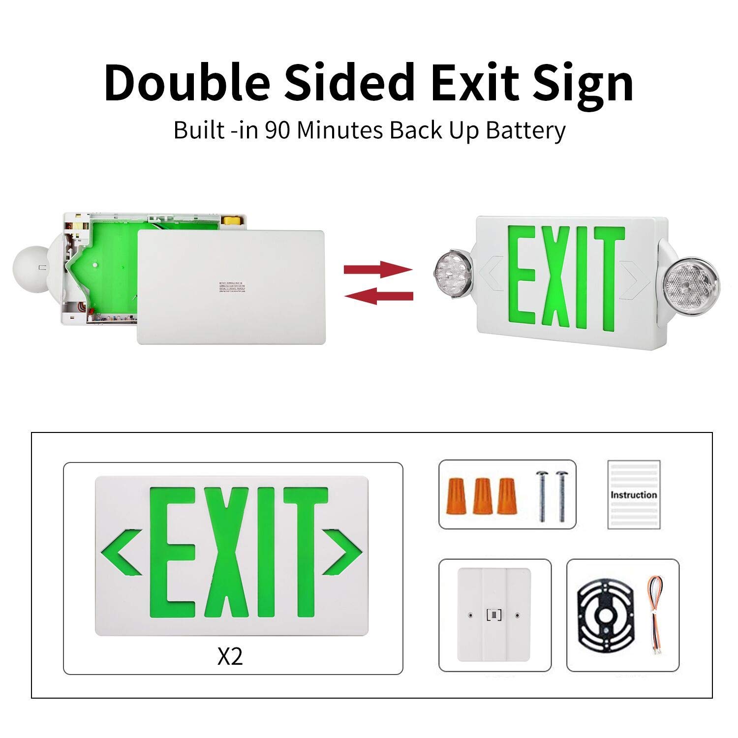 AKT LIGHTING LED Emergency Light & Exit Sign Combo, Green Exit Sign, UL Certified Emergency Exit Light, Adjustable Lamps with Back-up Battery for Business (Green, 6 Pack)