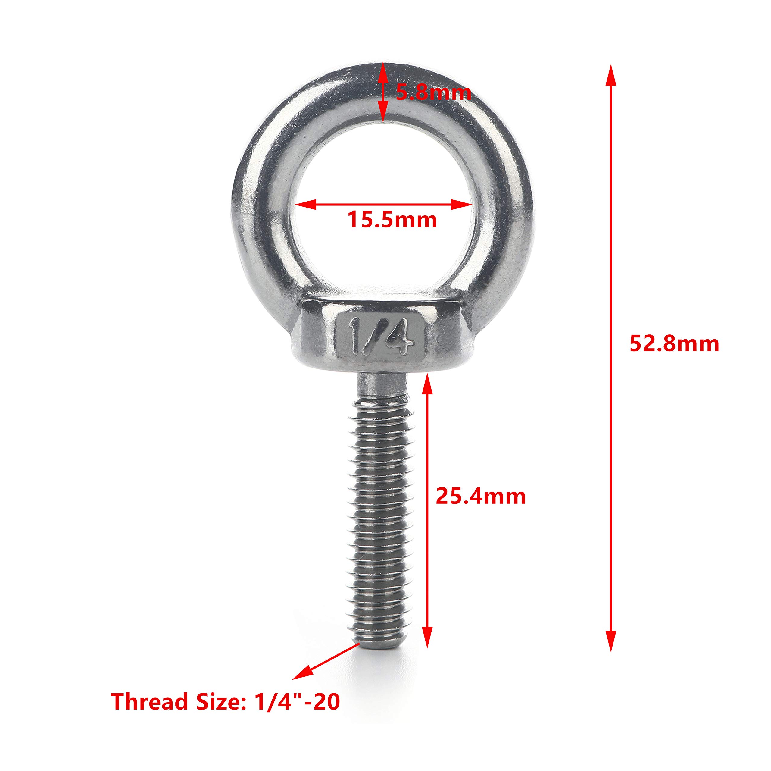 Eowpower 5 Pieces Stainless Steel 304 1/4 inch - 20 x 1 inch Lifting Ring Eye Bolts