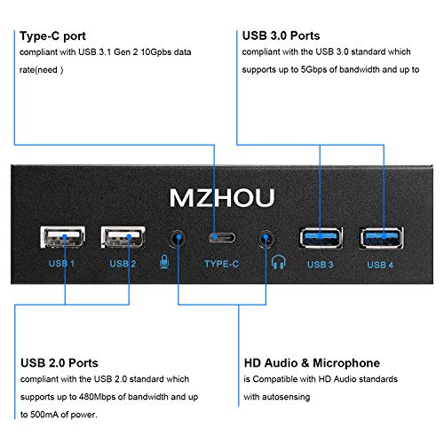 MZHOU USB2.0 + 3.0 Metal Front, 5.25 inch 19Pin Front Panel Adapter, 4 USB 3.0 Port hubs and (1HD Audio Port / 1TPY-C Port / 1 Microphone Input)