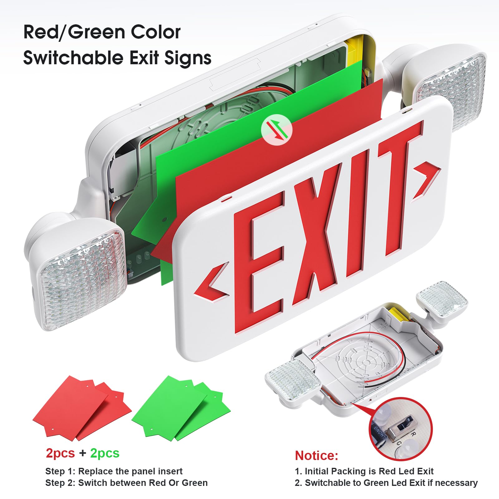 SASELUX 2 Pack Switchable Red/Green, Double Sided and Battery Backup Exit Light Bundle 4 Pack Led Emergency Light with Battery Backup Photocell Sensor,Outdoor Emergency Wall Pack Light Waterproof