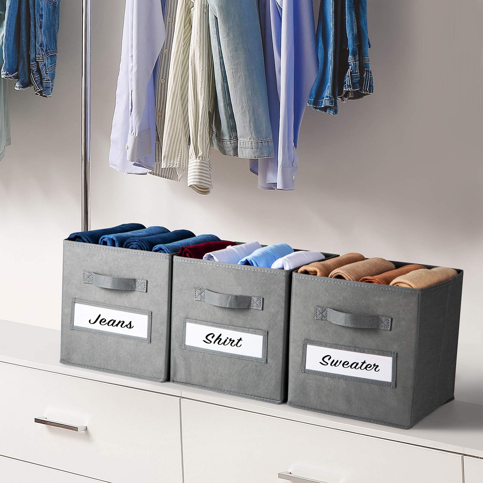 artsdi Set of 8 Storage Cubes,Foldable Fabric Cube Storage Bins with 8 Labels Window Cards & a Pen,Baskets Containers for Shelves,Closet Organizers Box for Home & Office,Gray