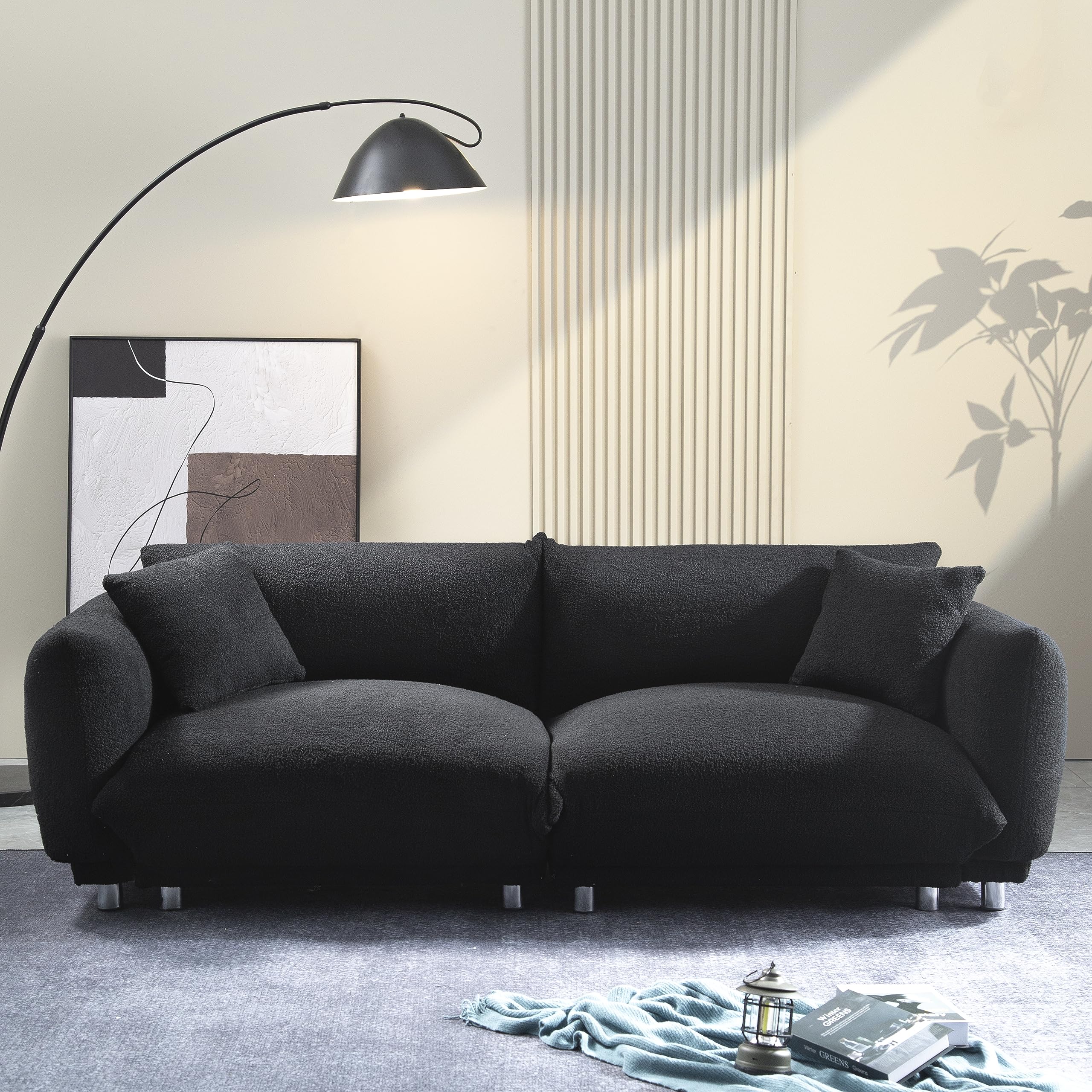 3 Seater Sherpa Teddy Cloud Couch, Lambswool Fabric Upholstered Overstuffed Loveseat, Extra Deep Seat Modular Sectional Sofa with Metal Legs for Living Room Apartment,Office, 2 Pillows