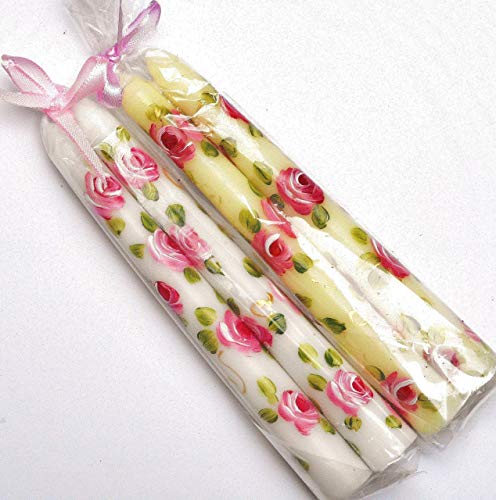 Decorated 8 Inch Tall Hand Painted Pink Rose Ivory or White Short Taper Candles Set Small Housewarming Gift for Women