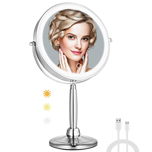 MIRRORMORE Professional 1X/10X Magnifying Makeup Mirror, 8'' Large Cosmetic Mirror with Magnetic Detachable Base, 360°Swivel Travel Bathroom Personal Mirror Tabletop, Senior Pearl Nickel