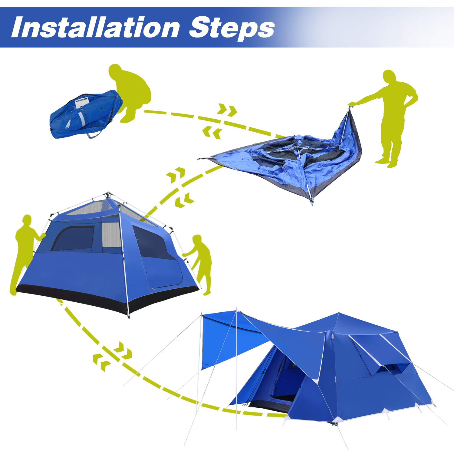 4 or 6 Person Camping Tent Windproof Family Dome Tent with Screen Room Easy Set Up for Backpacking Hiking Mountaineering (4P-Blue)