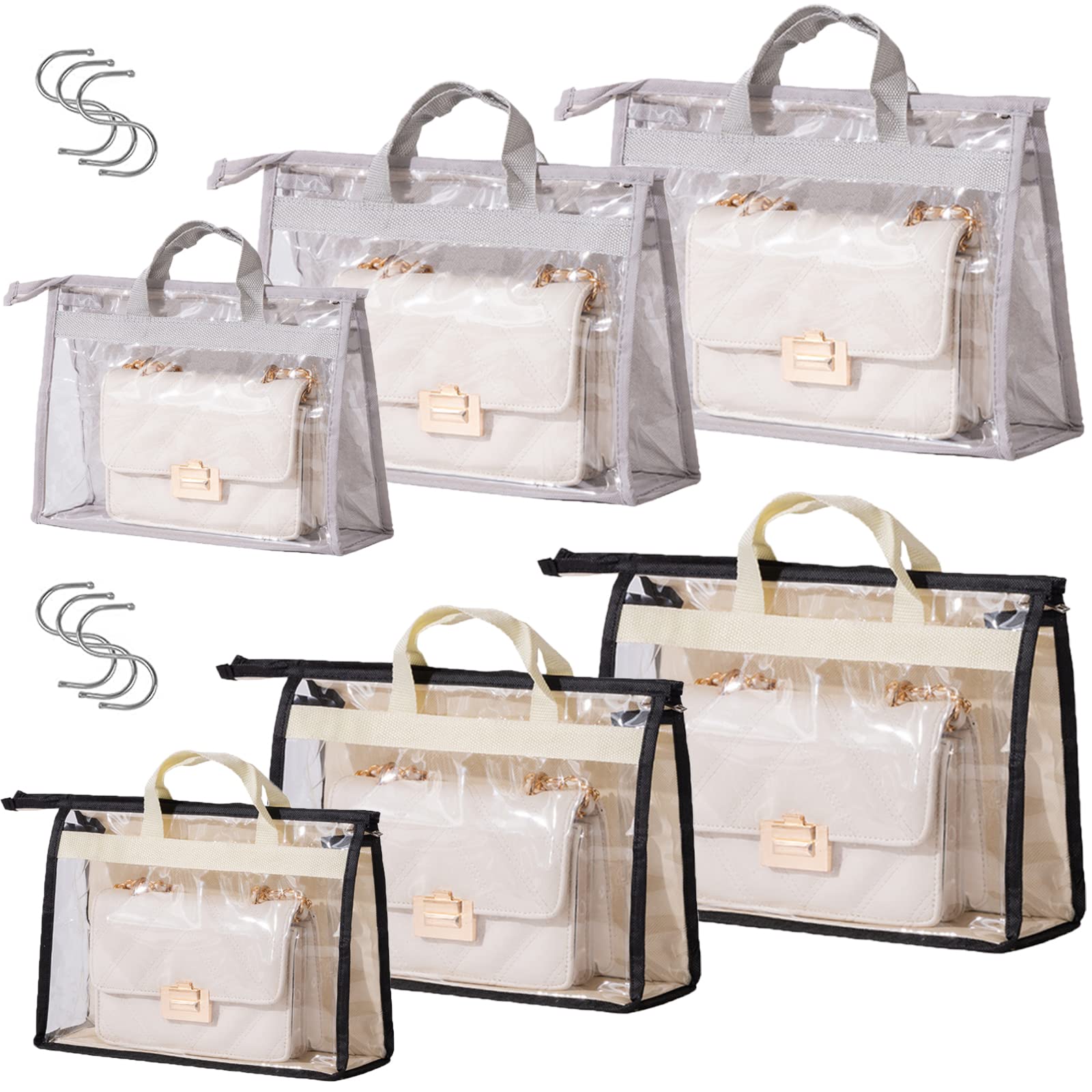 DOUBFIVSY 6 Pack Handbag Dust Bags, Transparent Handbag Storage Organizer Clear Purse Dust Cover for Closet Purse Protector Storage Bag with Zipper, Handles, 6pcs S Shaped Hooks (4)