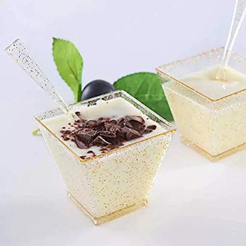 Tebery 100 Pack 8oz Gold Glitter Medium Plastic Dessert Cups With 100 Spoons Square Dessert Bowls for Tasting Party Desserts Appetizers