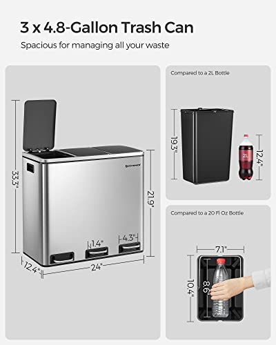 SONGMICS Trash Can, 3 x 4.8 Gallon Garbage Can, 14.4 Gallon Recycle Bin with Soft-Close Lids, Pedals, and Inner Buckets for Kitchen, Stainless Steel, Silver and Black ULTB54NL