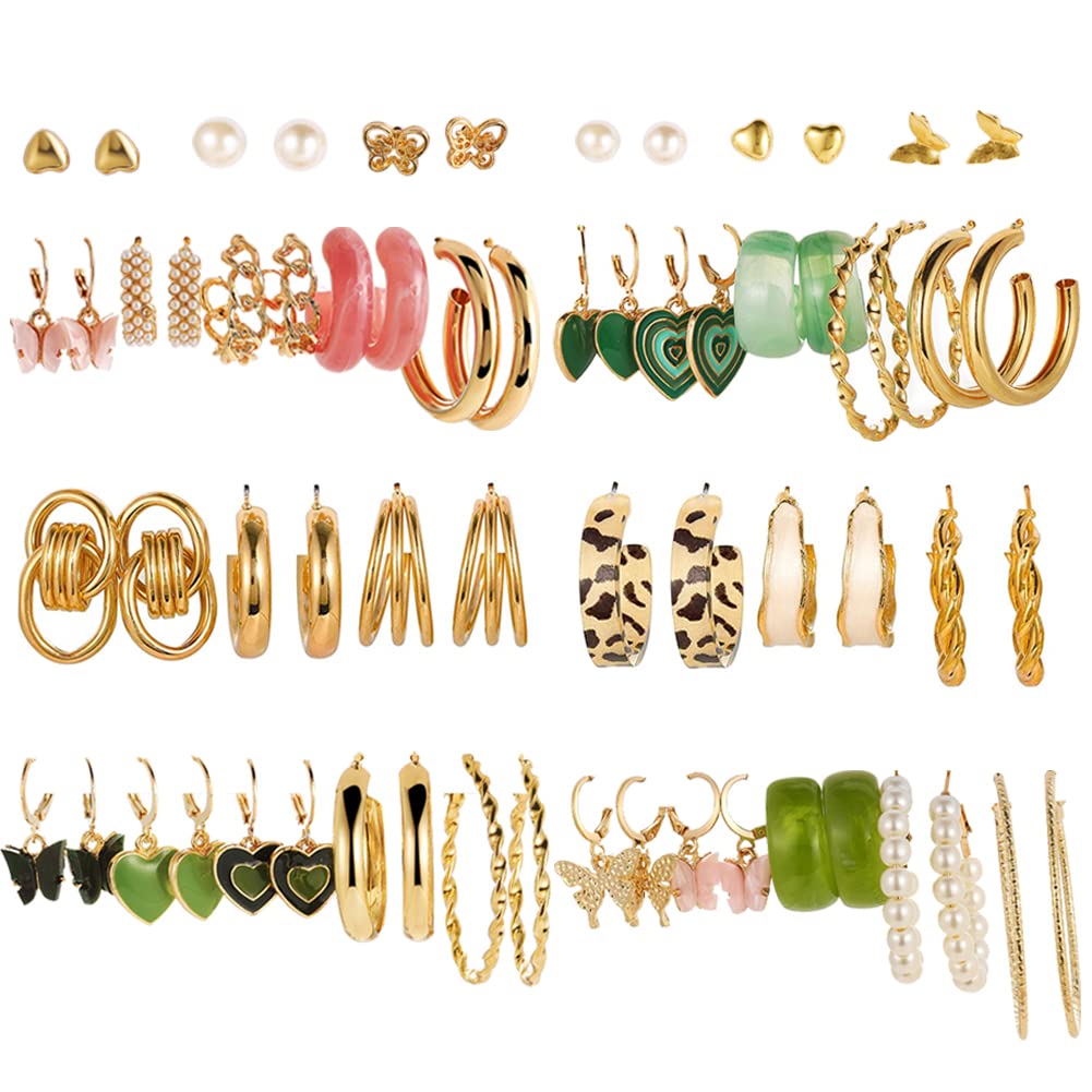 32 Pairs Gold Hoop Earrings Set for Women Girls, Pearl Dangle Earrings Pack, Earrings Sets for Multiple Piercing