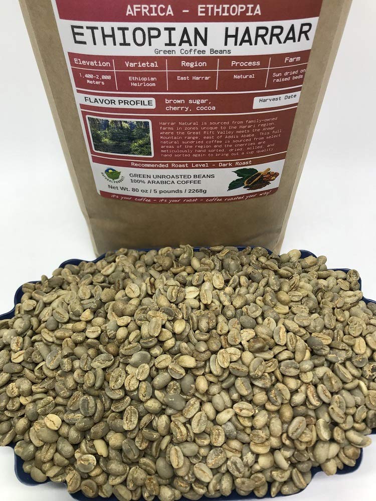 5-pound Ethiopia Harrar Natural (Unroasted Green Coffee Beans) African heirloom Arabica coffee fresh current-crop beans for home coffee roasters specialty-grade coffee beans includes a free burlap bag