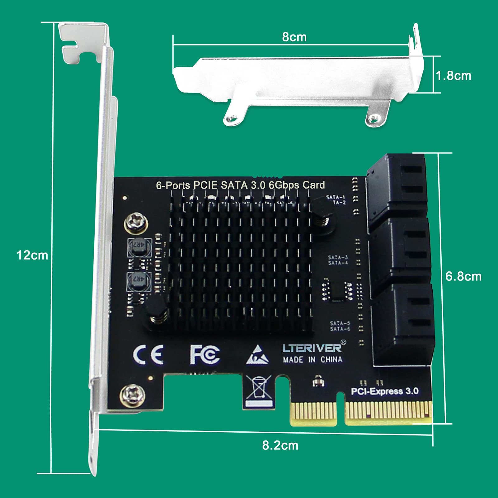 LTERIVER PCI Express X4 to 6-Ports Serial ATA/SATA 3.0 Host Controller Card- Plug and Play on Windows OS, MAC OS and Linux Systems-6X 6Gbps Max SATA 3.0 None Raid Ports-Support AHCI Boot Up (PCE-G2S6)