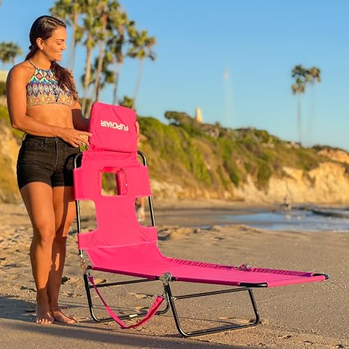 Face Down Tanning Chaise Lounge Chair - Face & Arm Holes - 2 Legs Support - Polyester Material β Backrest Positions - Head Rest Pillow - Beach or Home Use - Read and Tan - Pink Stripes Pattern