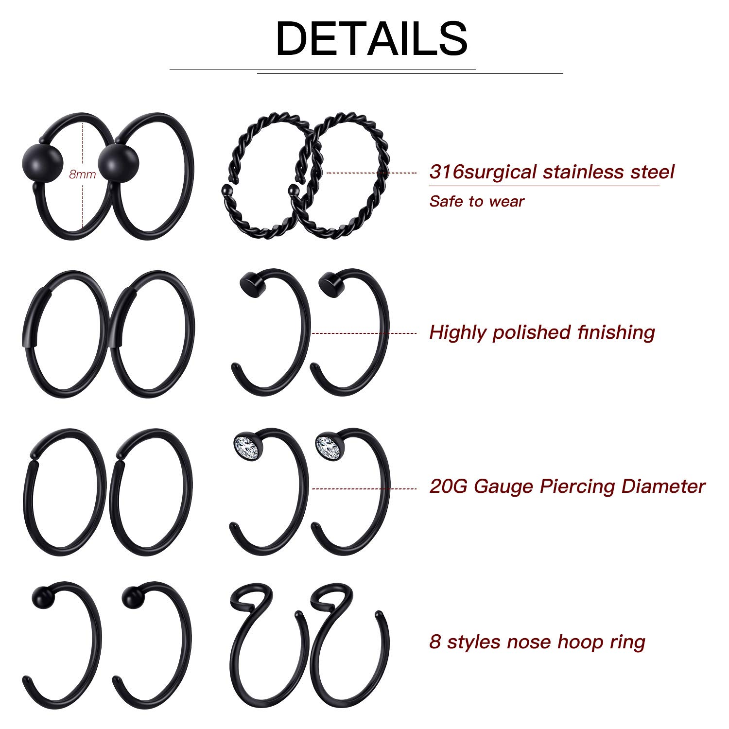 32 Pieces C-Shaped Nose Ring L-Shaped Hoop Tragus Nose Studs Bone Curved Hoop Tragus Cartilage Hoop Piercing (Black)