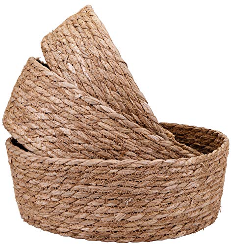 Yesland 3 Sizes Woven Rattan Basket, Natural Round Bread Serving Basket Nesting Baskets with Plastic Dust Bag, Perfect Storage Baskets for Coastal, Beach Decor Pantry, Bathroom