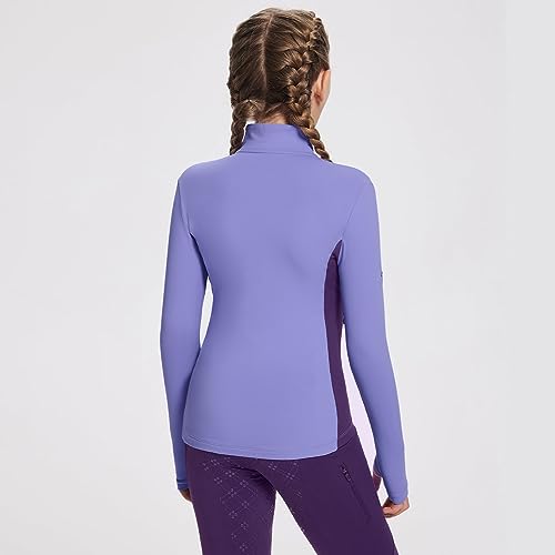BALEAF Fleece Long Sleeve Shirts, Girls Fall Jacket Half Zip Sweatshirts Horse Riding Camping Thermal Coat Kids Purple M