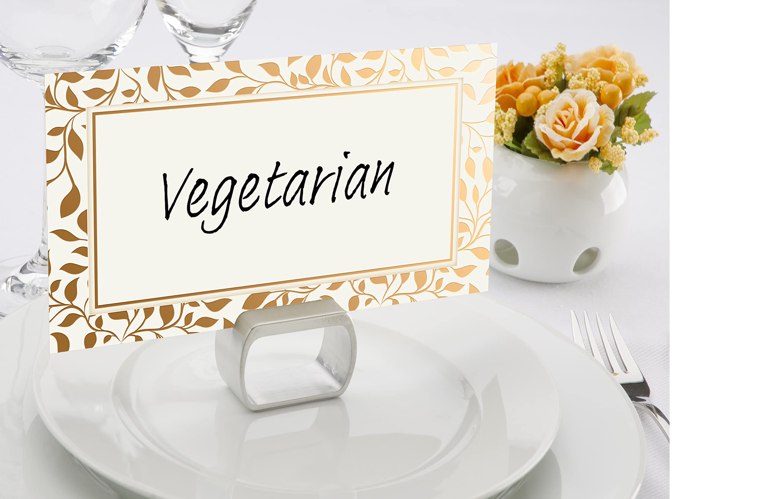 Better Office Products 100 Pack Place Cards, 2 x 3.5 in, White with Metallic Gold Leaf Foil Border, Folded Table Tent Cards for Weddings, Dinner Parties, Buffet Banquets,(100 Count)