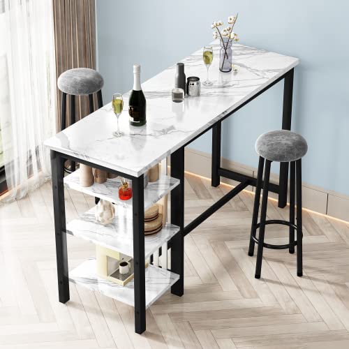AWQM Bar Table Set with Storage Shelves, 47" Modern White Faux Marble Breakfast Table with 2 Velvet Stools, 3-Piece Dining Set for 2, Space Saving Table for Kitchen/Dinning Room/Living Room/Studio