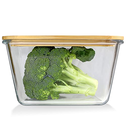Urban Green Glass Container with Wood Lid, Glass food storage Container with Lids, Glass Meal Prep Containers Set, Glass Containers set (Natural-Bamboo-1p)