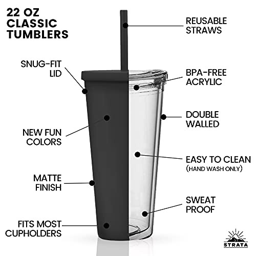 Tumblers with Lids (4 pack) 22oz Pastel Colored Acrylic Cups with Lids and Straws | Double Wall Matte Plastic Bulk Tumblers With FREE Straw Cleaner! Vinyl Customizable DIY Gifts
