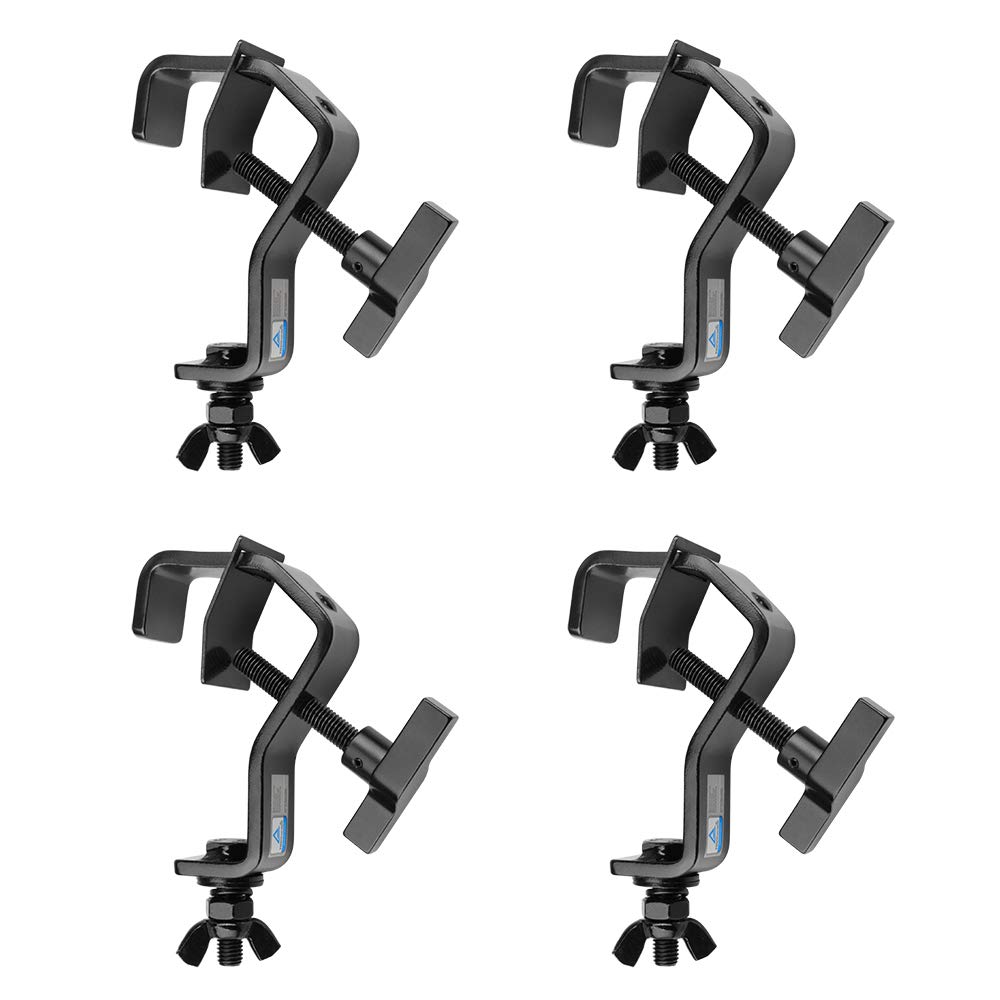 4 Pack Black Stage Light Clamps Iron Lighting Truss Hook Heavy Duty C Clamps with Fixed Plate for DJ Par Light Spot Lights, Fit 1⅜-1⅝ inches (F24) Square and Round Pipe, Load 80 lb, TUV Certification