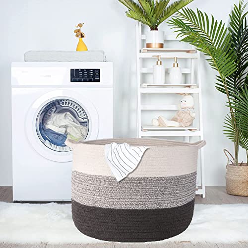 Blanket Basket for Living Room Large Cotton Rope Basket 21.7" x 21.7" x 13.8" Woven Laundry Basket Toy Storage Bins White Grey Black
