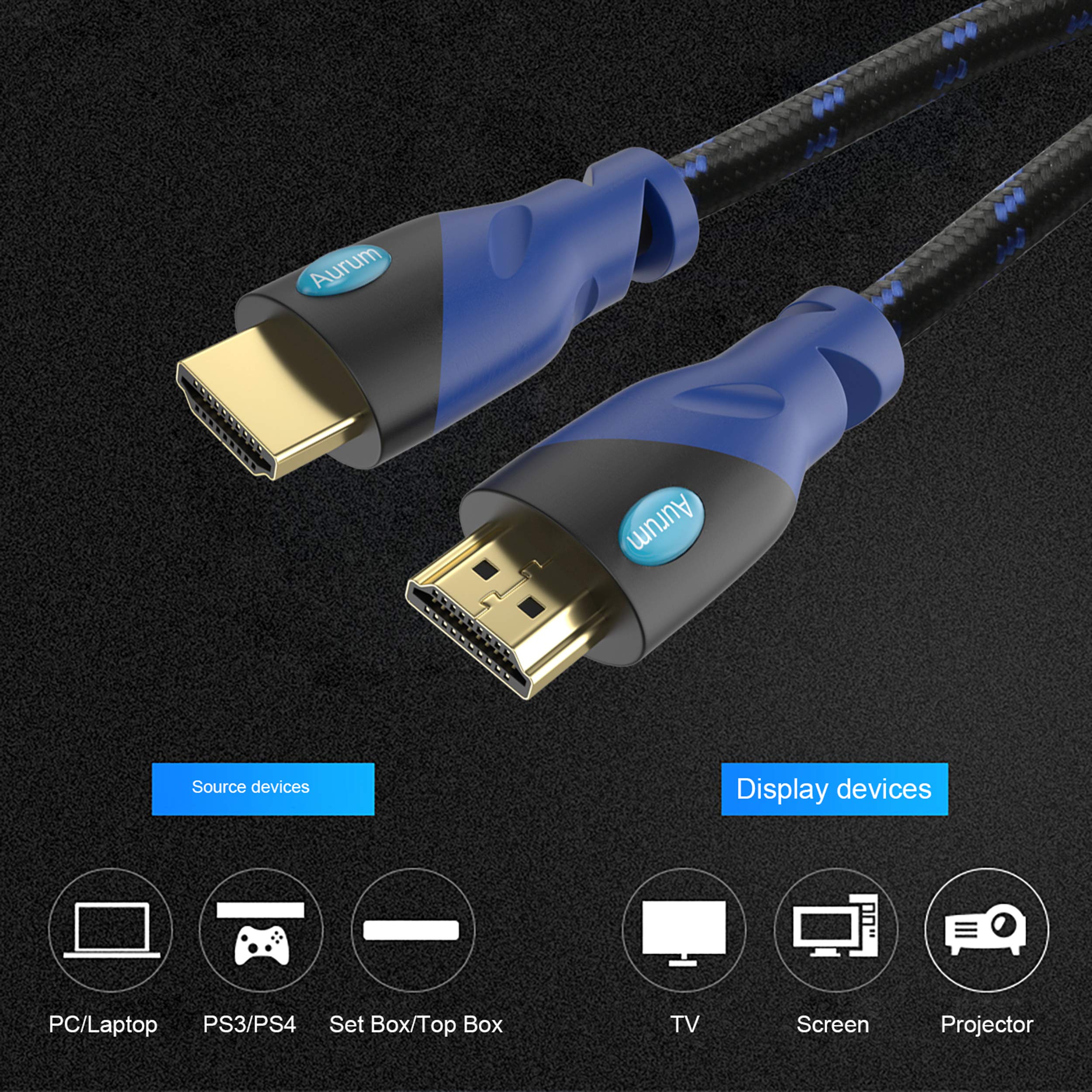 AURUM CABLES Ultra 4K HDMI Cable 4 ft Braided High-Speed HDMI Cord Supports TV, Gaming, Ethernet, HDR, ARC, UHD, 3D, HDTV, 10.2 Gbps, Compatible with PC, Laptop, PS4, Xbox, Roku, Blue-ray, 5 Pack