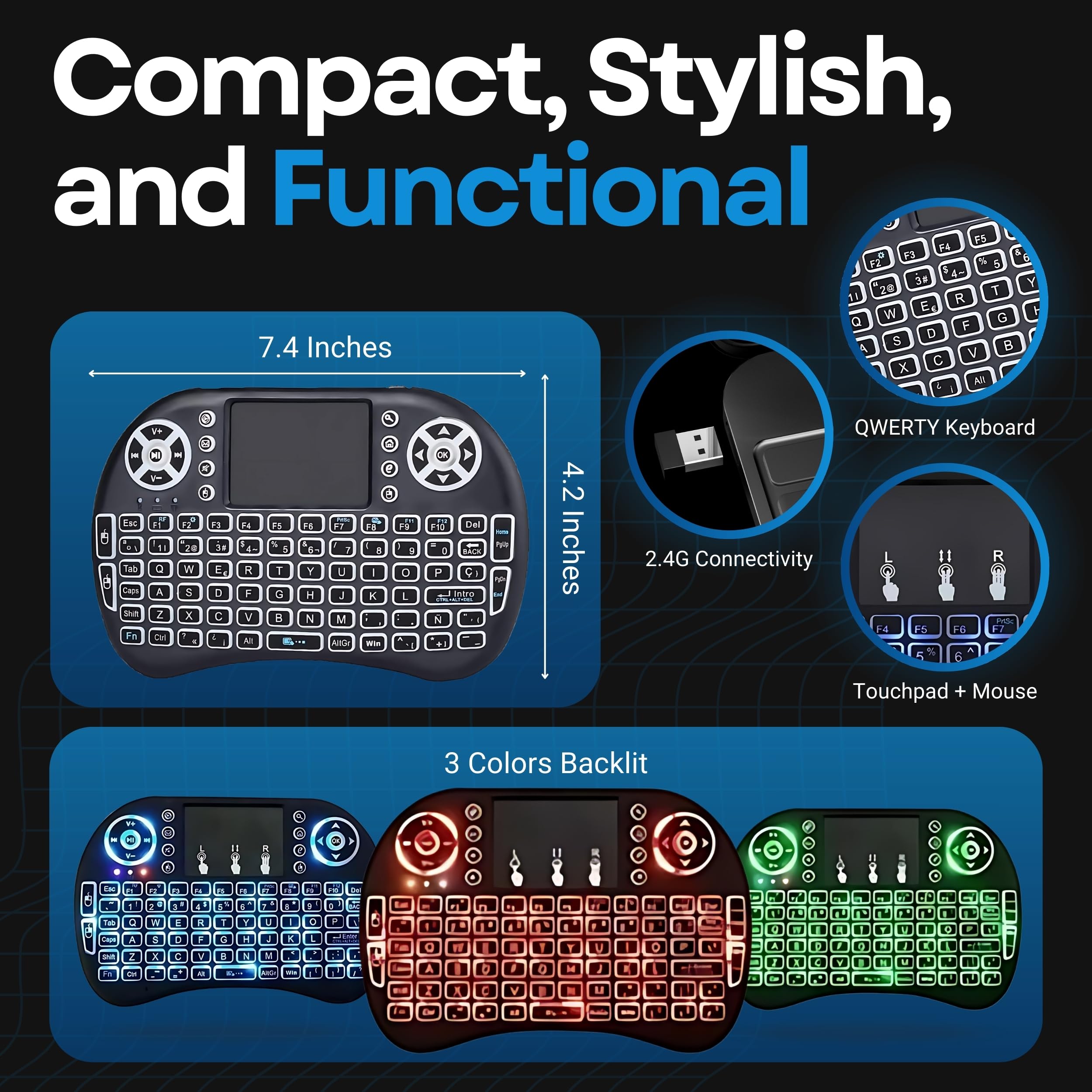 Wireless Mini Keyboard Remote Control Touchpad Mouse Combo Controller with RGB Backlit for Android TV Box Smart TV with OS+USB PC Computer Laptop Window OS HTPC Home Theater PC + USB 2.4GHz Dongle