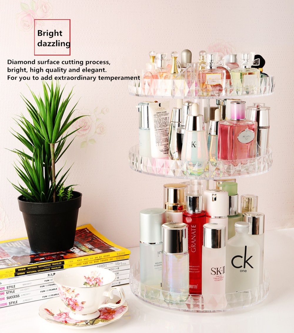 BOTIDE Diamond Pattern Three Layers Perfume Organizer, 360 Rotating Diamond Cosmetic Storage Box Transparent Acrylic Swivel Shelf Desktop Skin Care Product Dresser Finishing, Plus Size