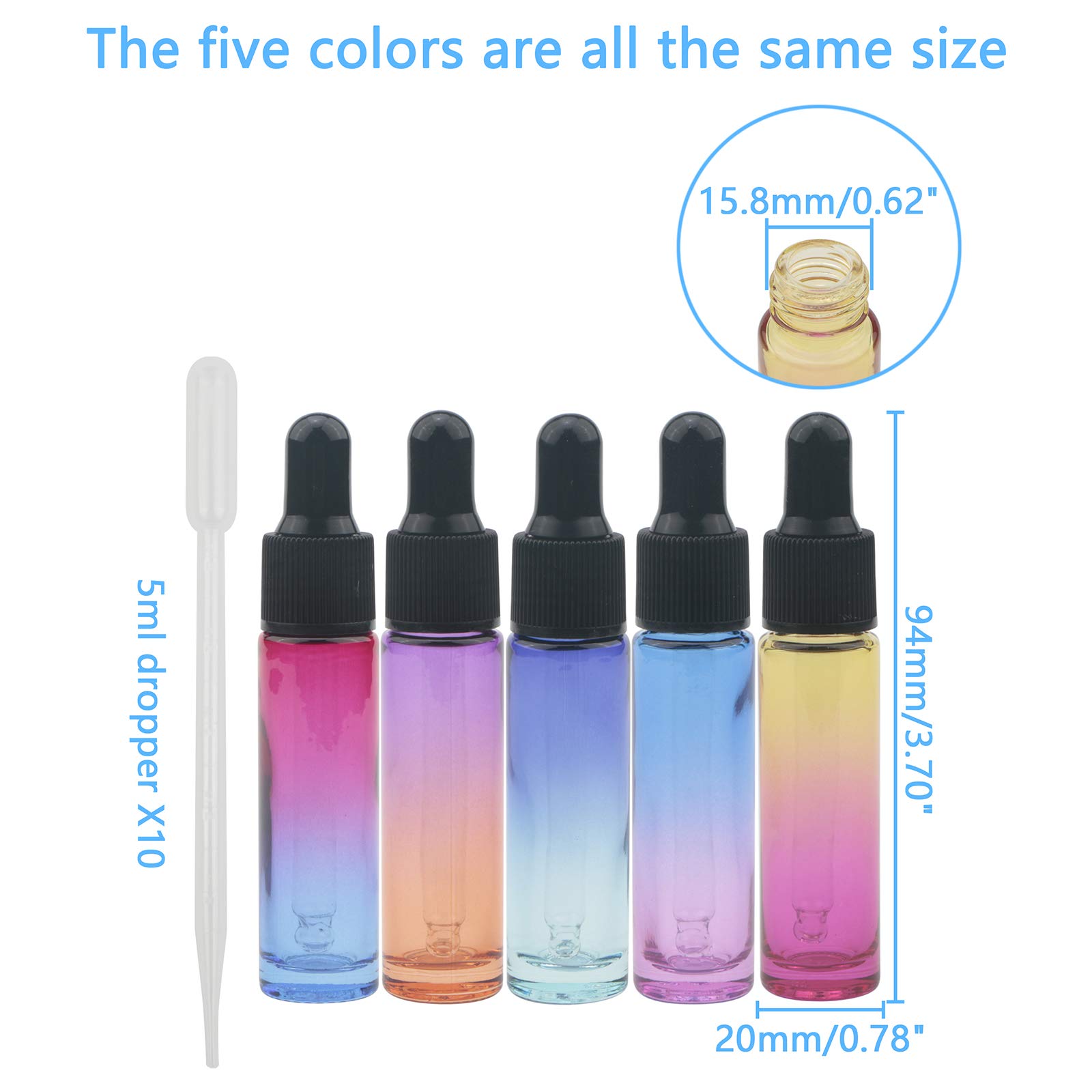 Newzoll 10Pcs Dropper Bottles Set, 10ml (1/3 oz) Gradient Glass Dropper Bottle with 5ml Tapered Plastic Droppers, Essential Oils Perfume Reusable Bottles Vial
