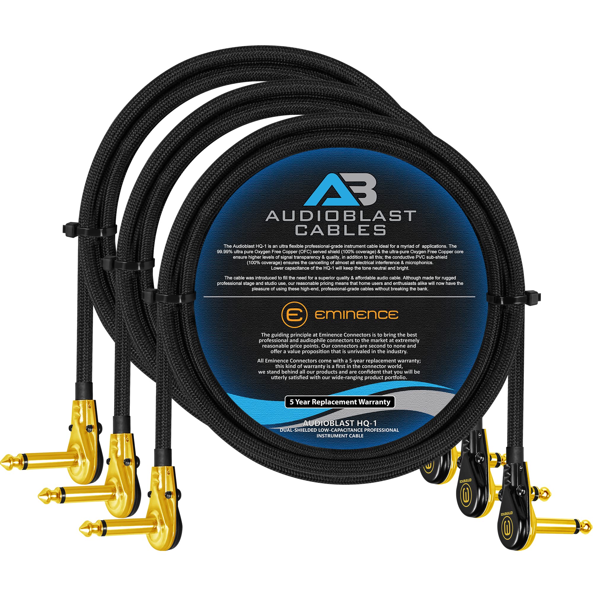 3 Units - 2 Foot - Audioblast HQ-1-BRAID (Black) - Ultra Flexible -Dual Shielded(100%) -Instrument Effects Pedal Patch Cable w/Low-Profile, R/A Gold Pancake TS(6.35mm) Plugs & Dual Staggered Boots