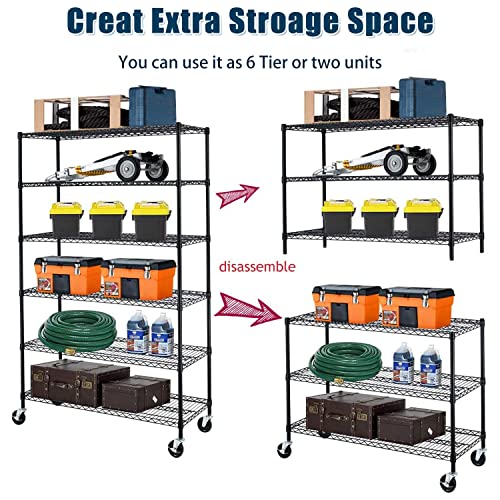 Dkelincs 6 Tier Wire Shelving Unit with Wheels 48" X 18" X 76" Metal Storage Shelves Height Adjustable NSF Heavy Duty Commercial Grade Garage Shelf Rack for Kitchen Basement Restaurant,Black