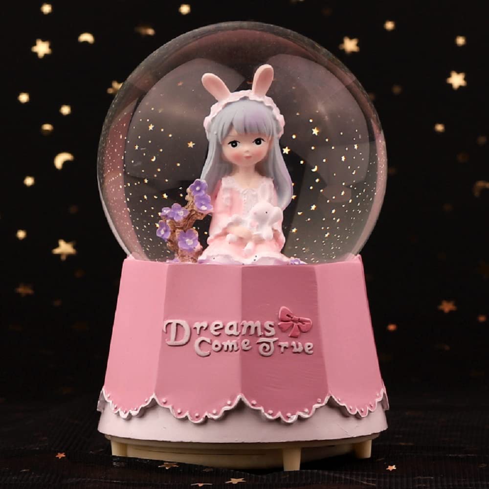TINMIX Snow Globe - Pink Lolita Girl Snowglobe, Resin Musical Snow Globe with 7 Colors Lights, Home Decoration Ornaments