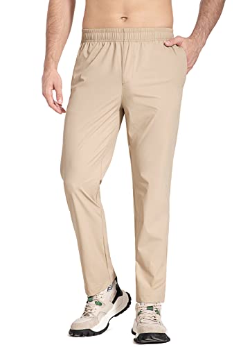 BALEAF Men's Running Pants Elastic Waist Lightweight Jogging Stretch Golf Workout Pants with Zipper Pockets Khaki XL