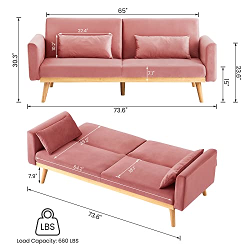 AWQM Velvet Futon Sofa Bed, Memory Foam Couch Set, Upholstered Modern Daybed Convertible Folding Loveseat Recliner with Pillows and Wooden Frame for Compact Living Room, Apartment, Dorm, Office (Pink)