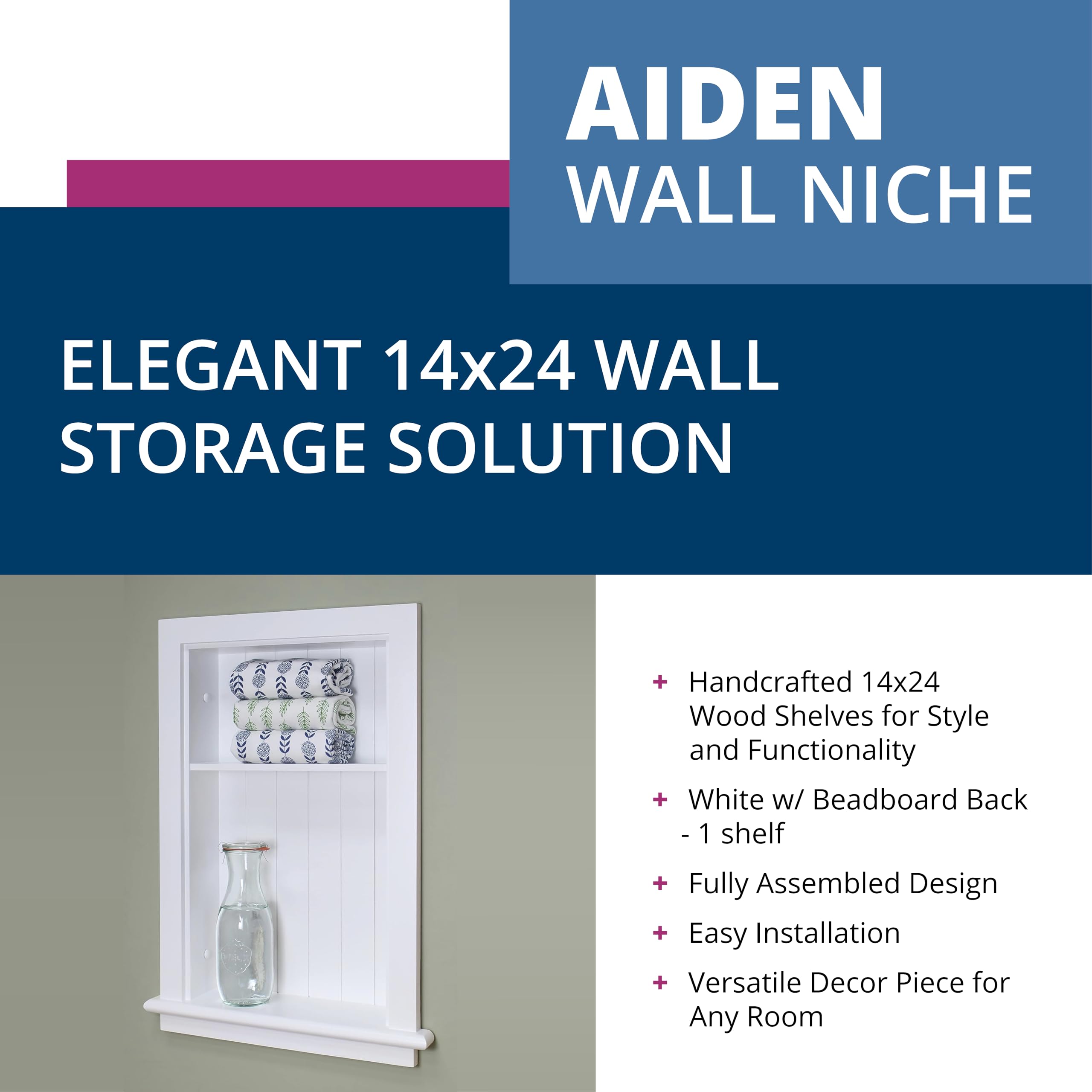 Fox Hollow Furnishings 14x24 Recessed Aiden Wall Niche - Wall Shelf for Storage and Home Decor, 1 Shelf (White W/Beadboard Back)