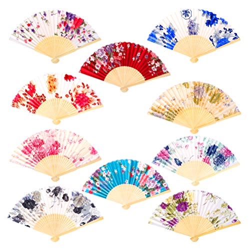 Yiphates 10 Pcs Hand Held Folding Fan, Summer Vintage Bamboo Folding Fan, Women Craft Silk Fan with Bamboo Frame, for Dancing Wedding DIY Home Decoration, Mixed Color
