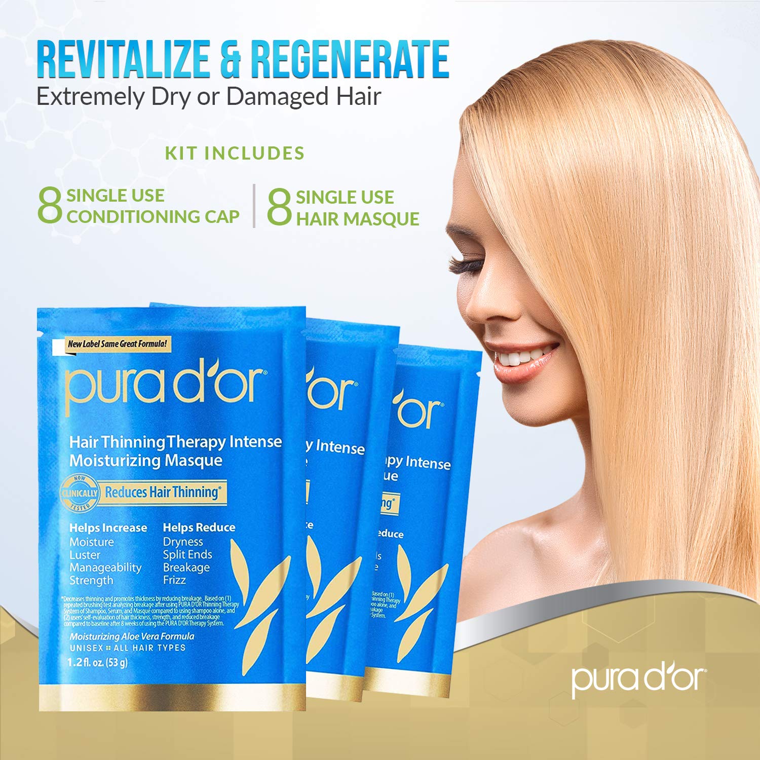 PURA D'OR Hair Thinning Therapy Intense Moisturizing Biotin Masque 1.2oz 8-Pack (9.6oz) Deeply Hydrating Treatment Hair Mask with Caffeine, Catalase for Thicker Hair, Men & Women (Packaging may vary)